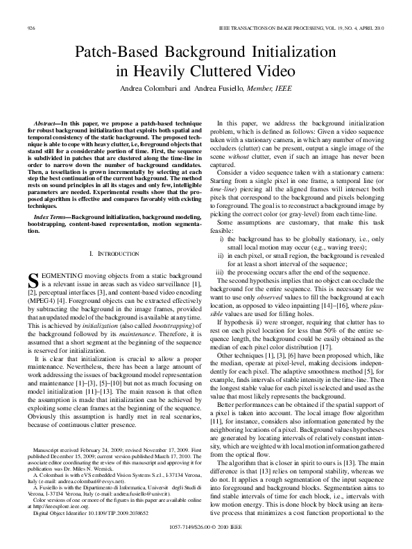 (PDF) Patch-based background initialization in heavily cluttered video