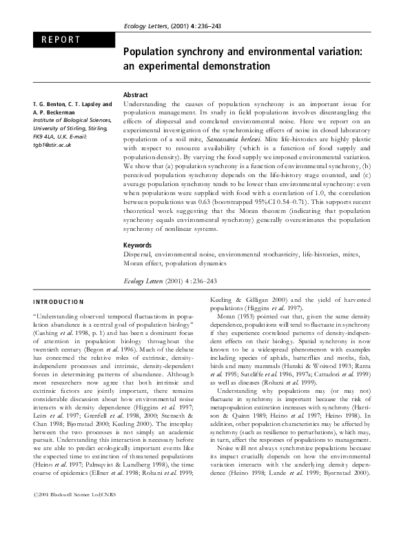 (PDF) Population synchrony and environmental variation: an experimental demonstration