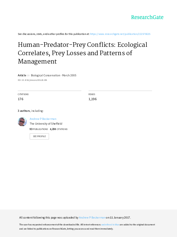 (PDF) Human-predator-prey conflicts: ecological correlates, prey losses ...