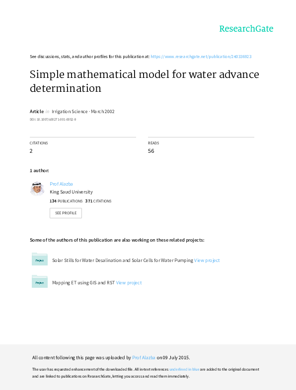 (PDF) Simple mathematical model for water advance determination