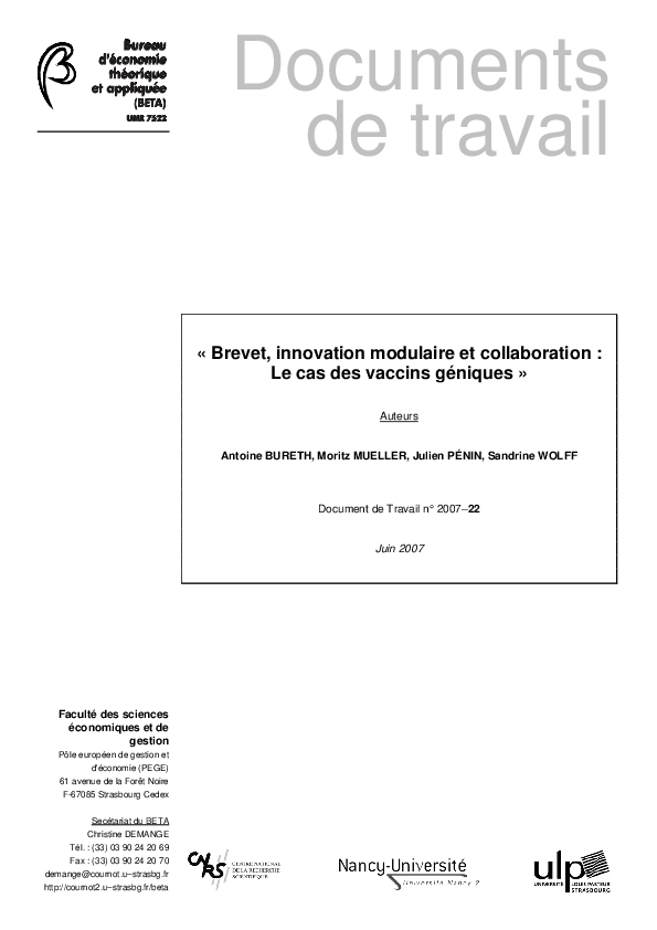 (PDF) Brevet, innovation modulaire et collaboration. Le cas des vaccins ...