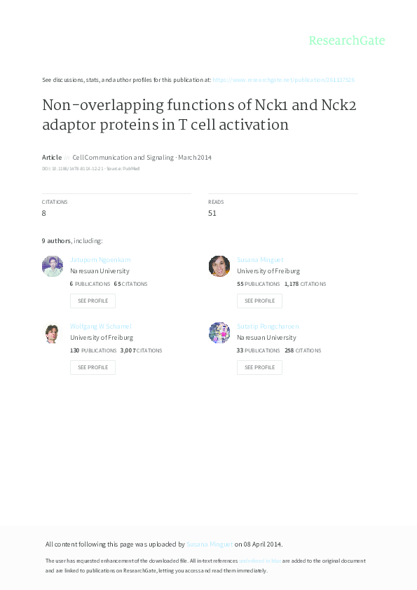 (PDF) Non-overlapping functions of Nck1 and Nck2 adaptor proteins in T cell activation