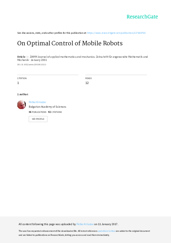 (PDF) On Optimal Control of Mobile Robots
