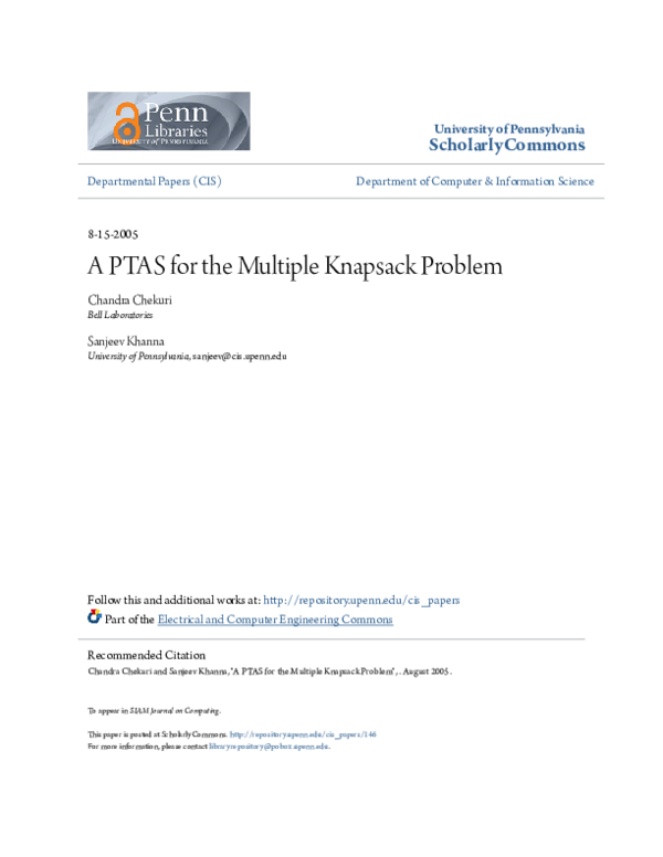 Pdf A Ptas For The Multiple Knapsack Problem