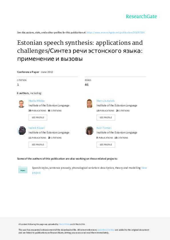 (PDF) Estonian speech synthesis: applications and challenges/Синтез речи эстонского языка ...
