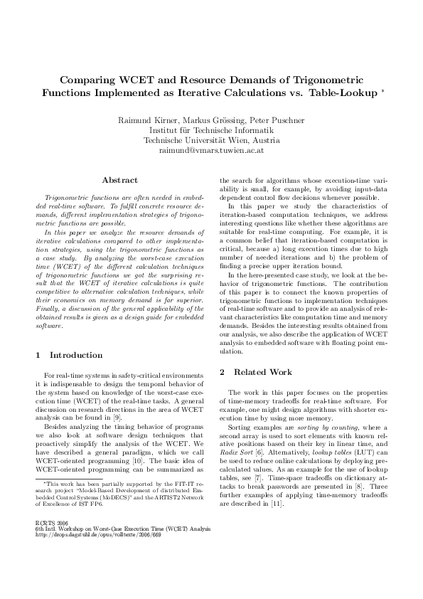 Pdf Comparing Wcet And Resource Demands Of Trigonometric Functions Implemented As Iterative