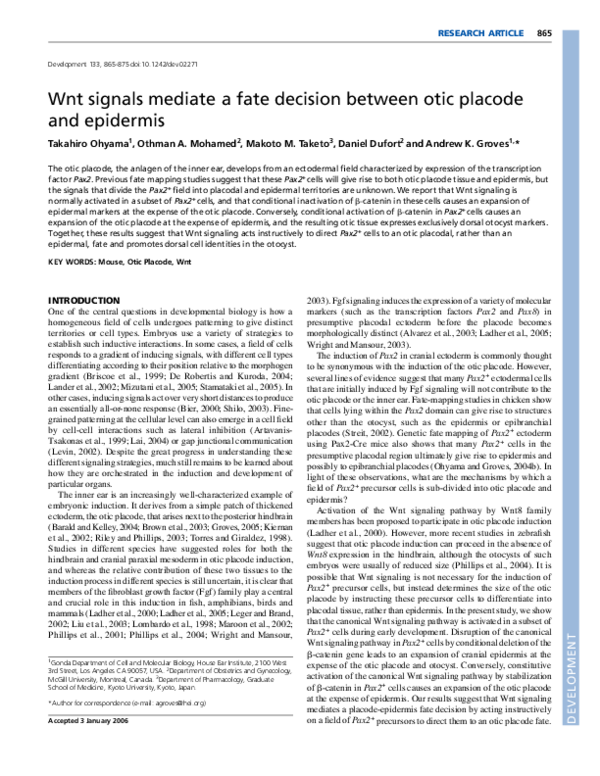 (PDF) Wnt signals mediate a fate decision between otic placode and ...