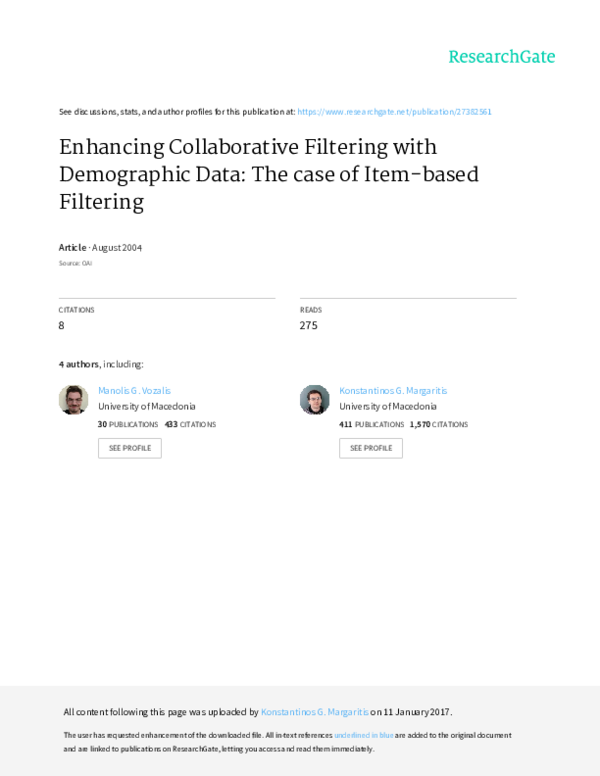 Pdf Enhancing Collaborative Filtering With Demographic Data The Case Of Item Based Filtering