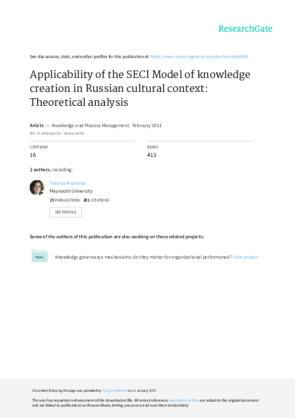 (PDF) Applicability of the SECI model of knowledge creation in Russian cultural context ...