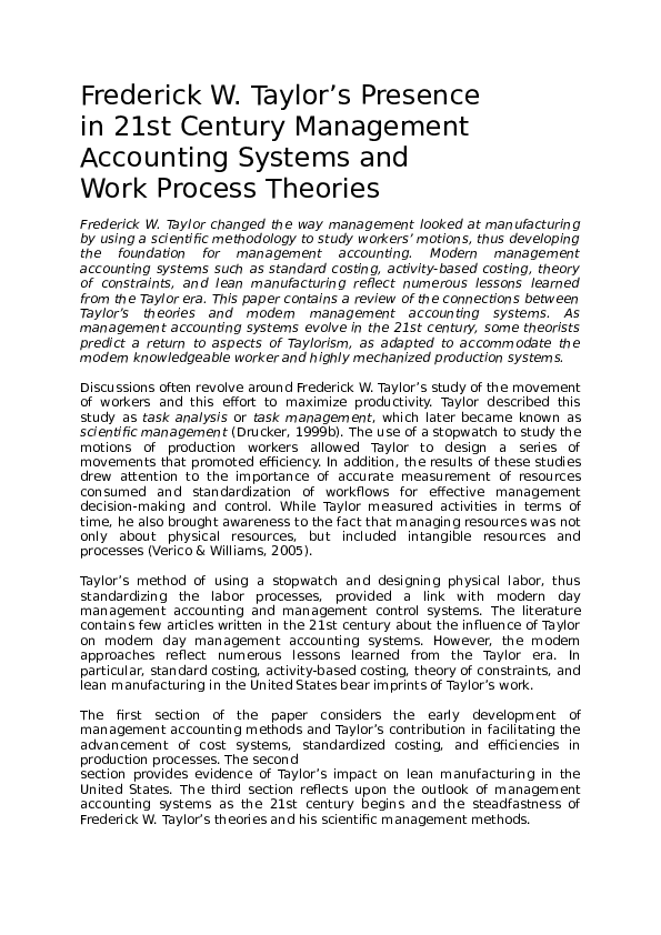 (DOC) Frederick W. Taylor's Presence in 21st Century Management Accounting Systems and Work ...