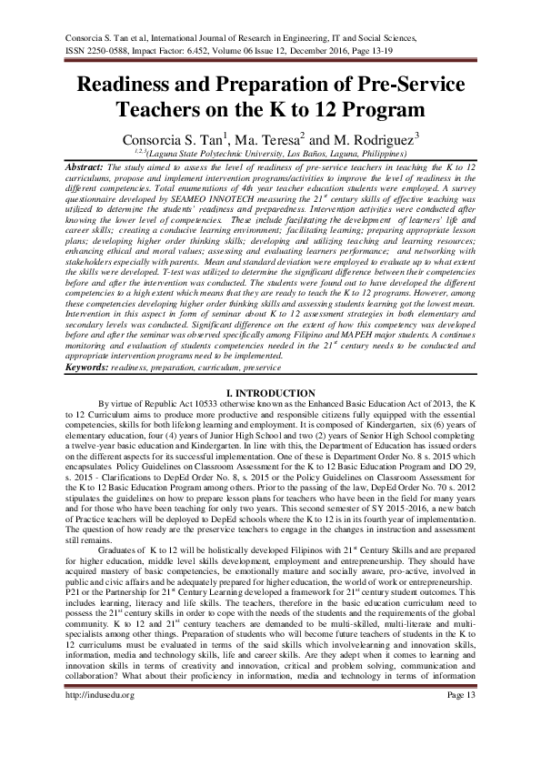 (PDF) Readiness and Preparation of Pre-Service Teachers on the K to 12 ...