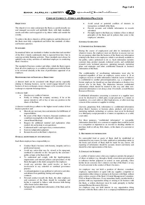 (PDF) CODE OF CONDUCT – ETHICS AND BUSINESS PRACTICES Signature