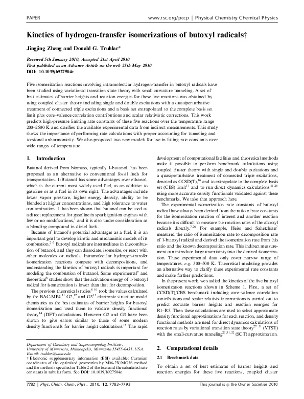 (PDF) Kinetics of hydrogen-transfer isomerizations of butoxyl radicals