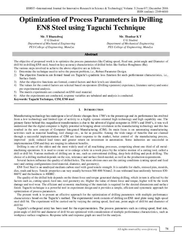 Pdf Optimization Of Process Parameters In Drilling En8 Steel Using Taguchi Technique