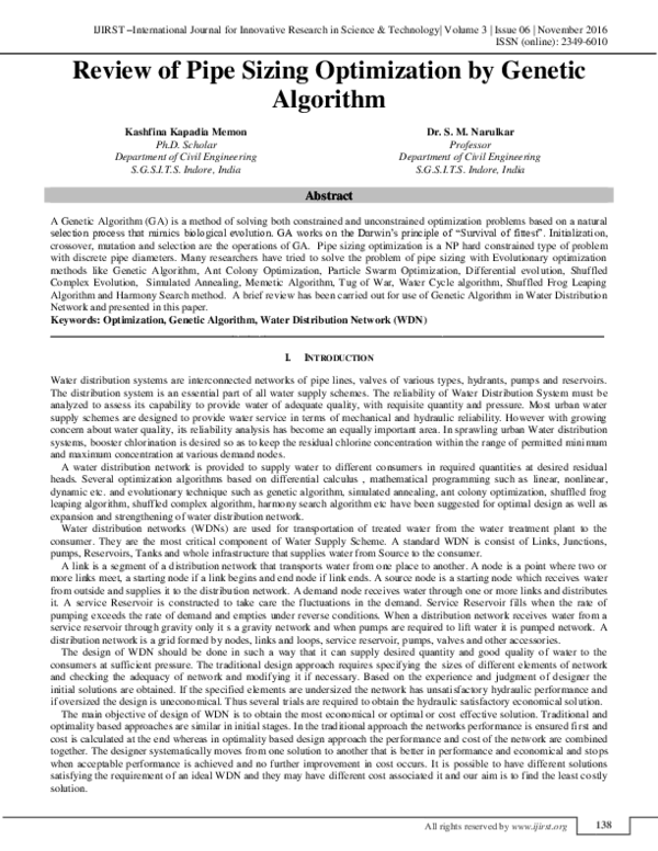 Pdf Genetic Algorithm For Pipe Sizing Optimization