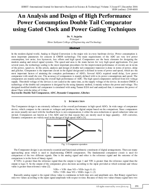 Pdf An Analysis And Design Of High Performance Power Consumption Double Tail Comparator Using