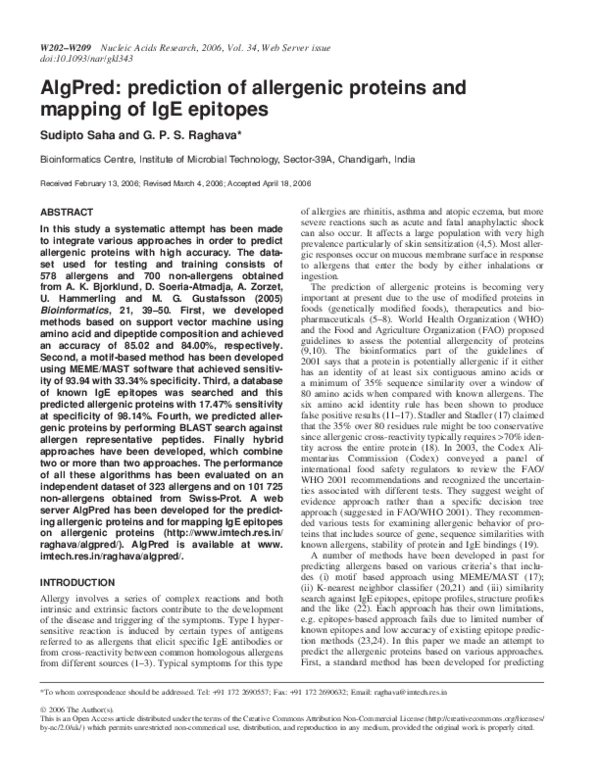 (PDF) AlgPred: prediction of allergenic proteins and mapping of IgE epitopes