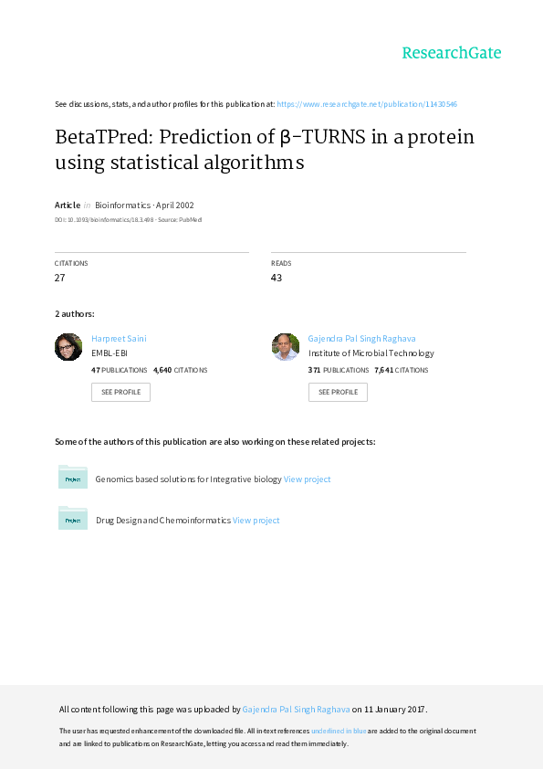 (PDF) BetaTPred: Prediction of {Beta}-TURNS In a Protein Using ...