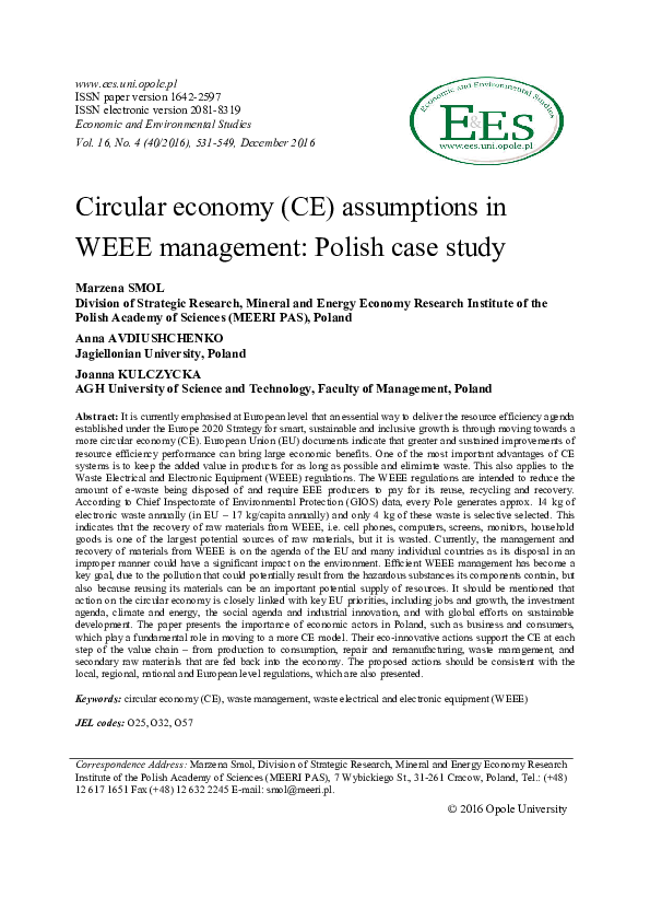 (PDF) Circular economy (CE) assumptions in WEEE management: Polish case study | Marzena Smol ...