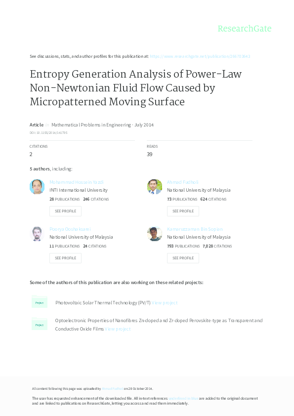 (PDF) Entropy Generation Analysis of Power-Law Non-Newtonian Fluid Flow Caused by Micropatterned ...
