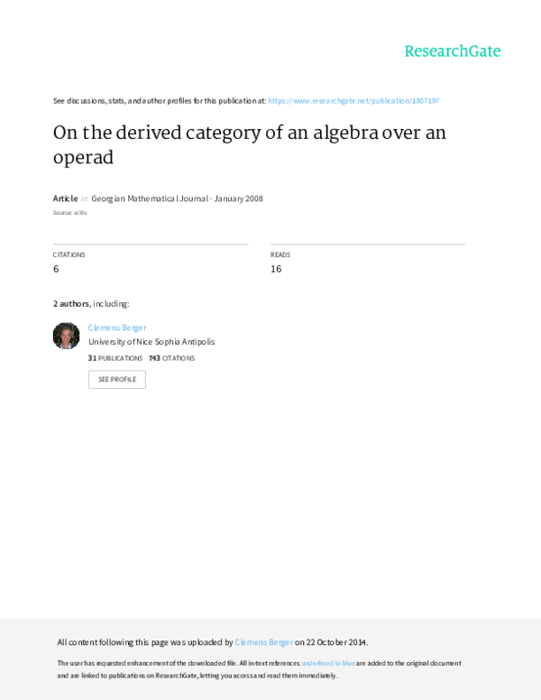 (PDF) On the derived category of an algebra over an operad | Clemens ...
