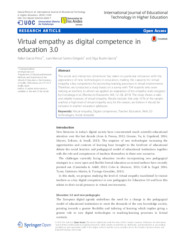 (PDF) Virtual empathy as digital competence in education 3.0