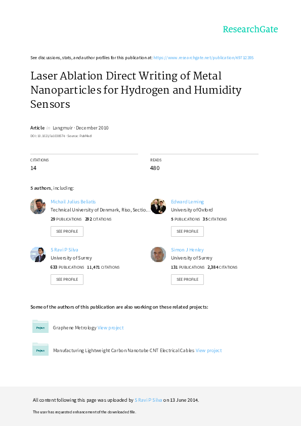(PDF) Laser Ablation Direct Writing of Metal Nanoparticles for Hydrogen and Humidity Sensors