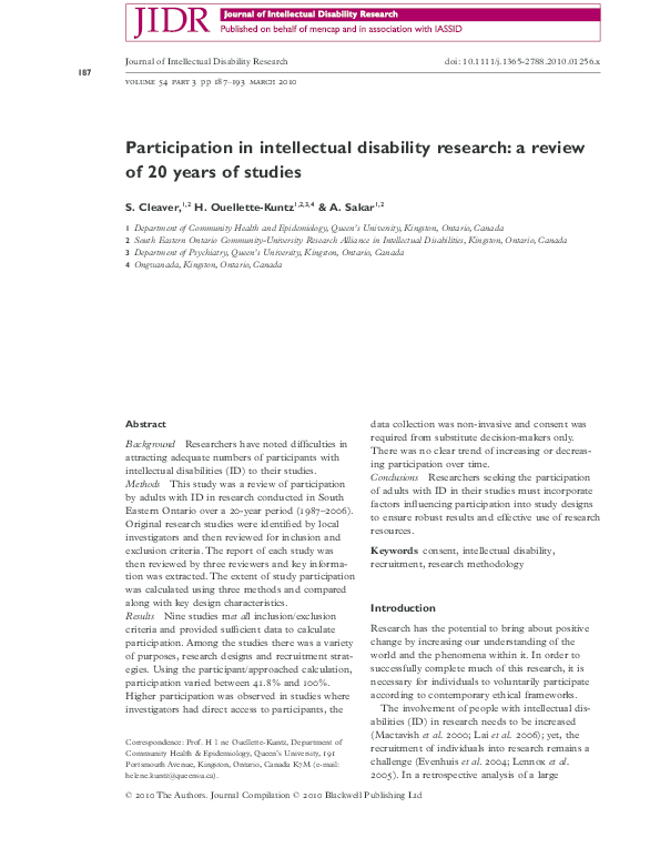 (PDF) Participation in intellectual disability research: a review of 20 ...