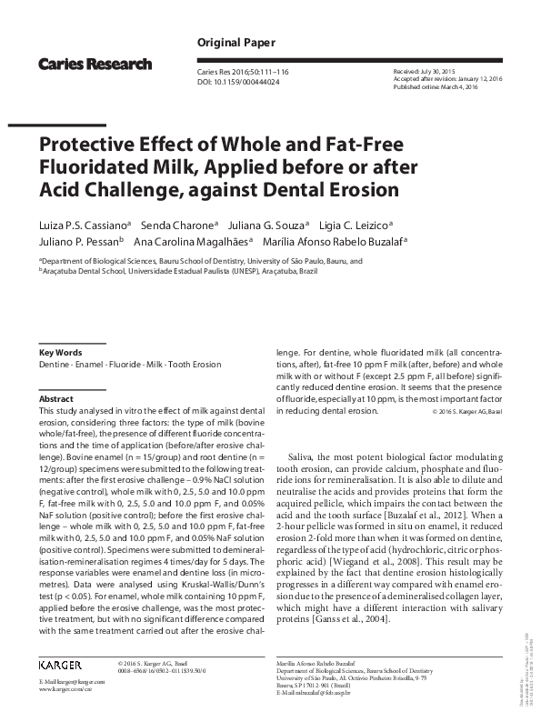 (PDF) Protective Effect of Whole and Fat-Free Fluoridated Milk, Applied ...