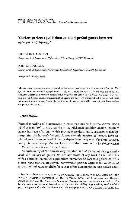 Pdf Markov Perfect Equilibrium In Multi Period Games Between Sponsor And Bureau