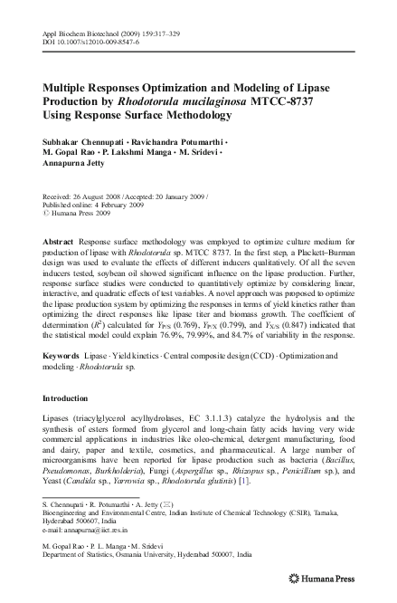 (PDF) Multiple Responses Optimization and Modeling of Lipase Production by Rhodotorula ...