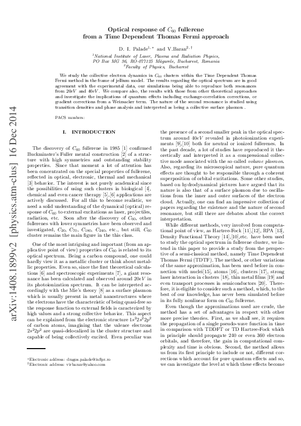 (PDF) Optical response of C 60 fullerene from a time dependent Thomas ...