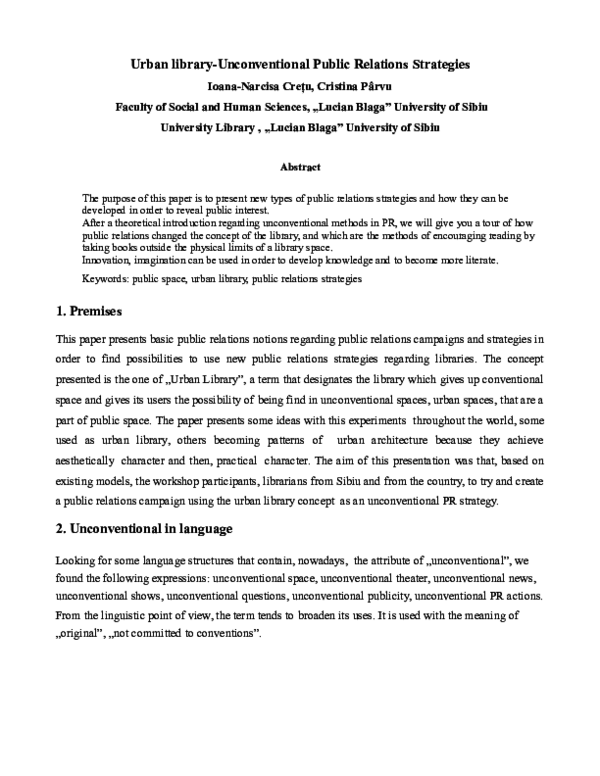 (DOC) Urban library-Unconventional Public Relations Strategies