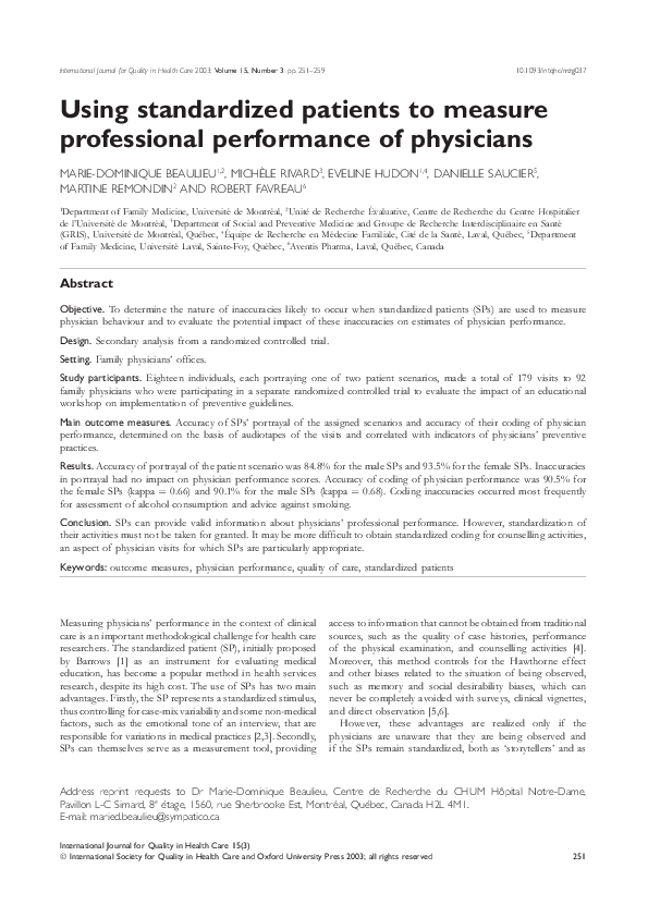 (PDF) Using standardized patients to measure professional performance ...