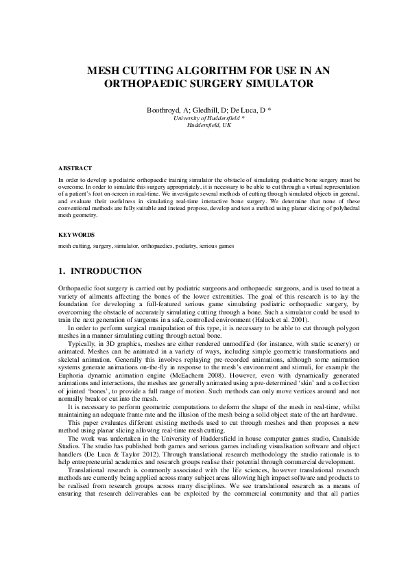 (PDF) Mesh cutting algorithm for use in an orthopaedic surgery simulator