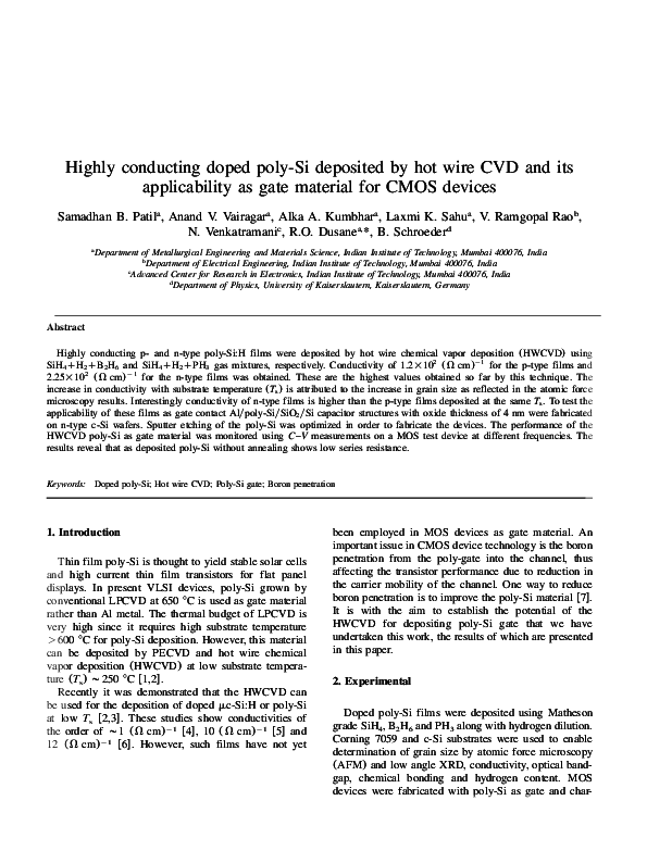 (PDF) Highly conducting doped poly-Si deposited by hot wire CVD and its ...