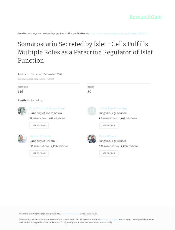 (PDF) Somatostatin secreted by islet δ-cells fulfills multiple roles as ...