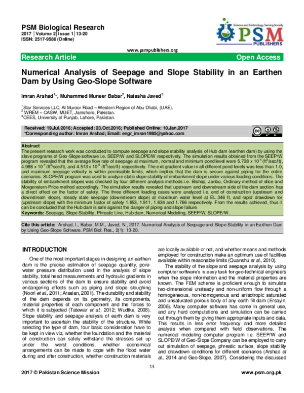 (PDF) Numerical Analysis of Seepage and Slope Stability in an Earthen ...