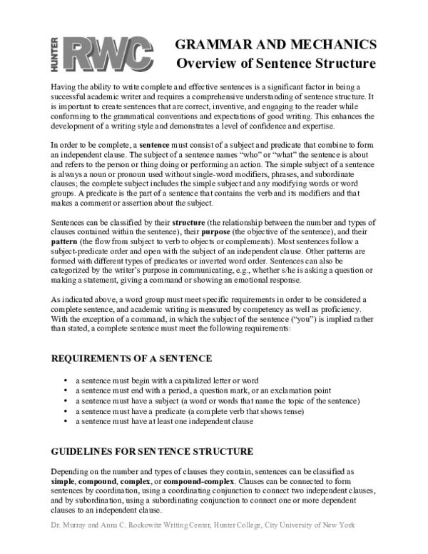 (PDF) GRAMMAR AND MECHANICS Overview of Sentence Structure