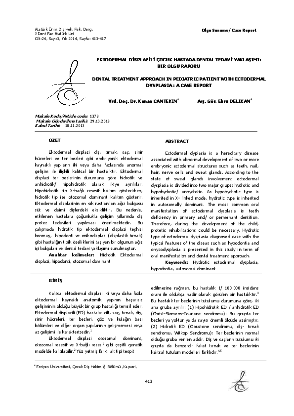 (PDF) Ektodermal Displazili Çocuk Hastada Dental Tedavi Yaklaşimi: Bir ...