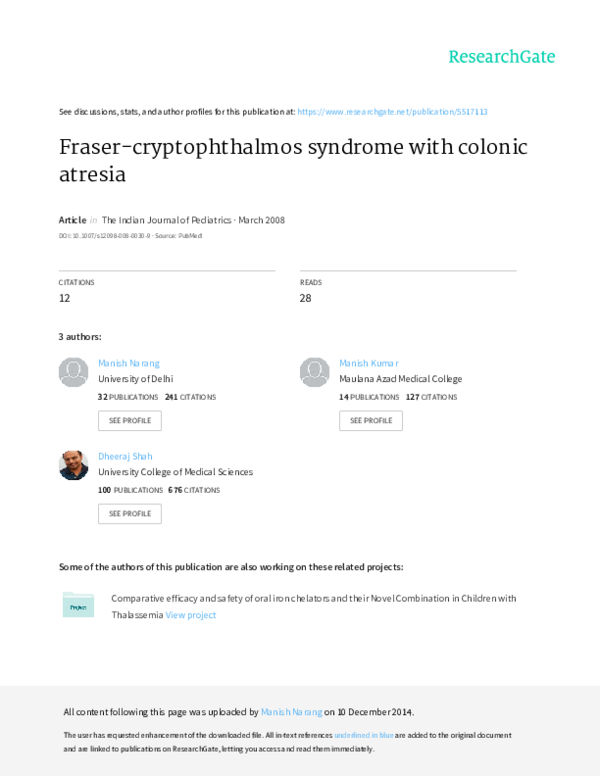 (PDF) Fraser-cryptophthalmos syndrome with colonic atresia