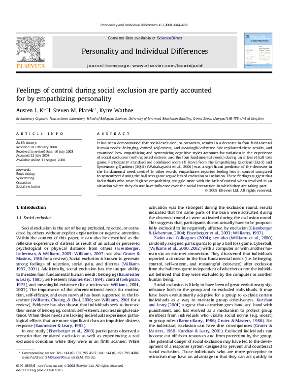 (PDF) Feelings of control during social exclusion are partly accounted ...