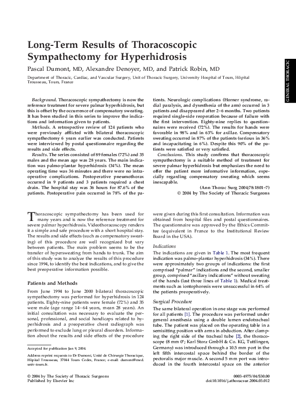 (PDF) Long-Term Results of Thoracoscopic Sympathectomy for Hyperhidrosis