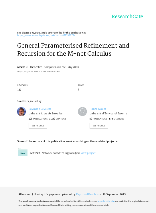 Pdf General Parameterised Refinement And Recursion For The M Net Calculus