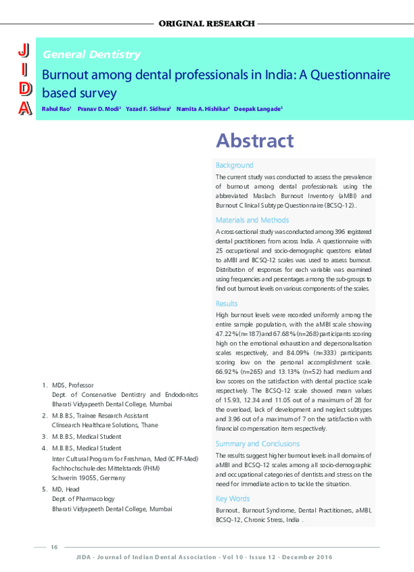(PDF) Burnout among dental professionals in India: A Questionnaire ...