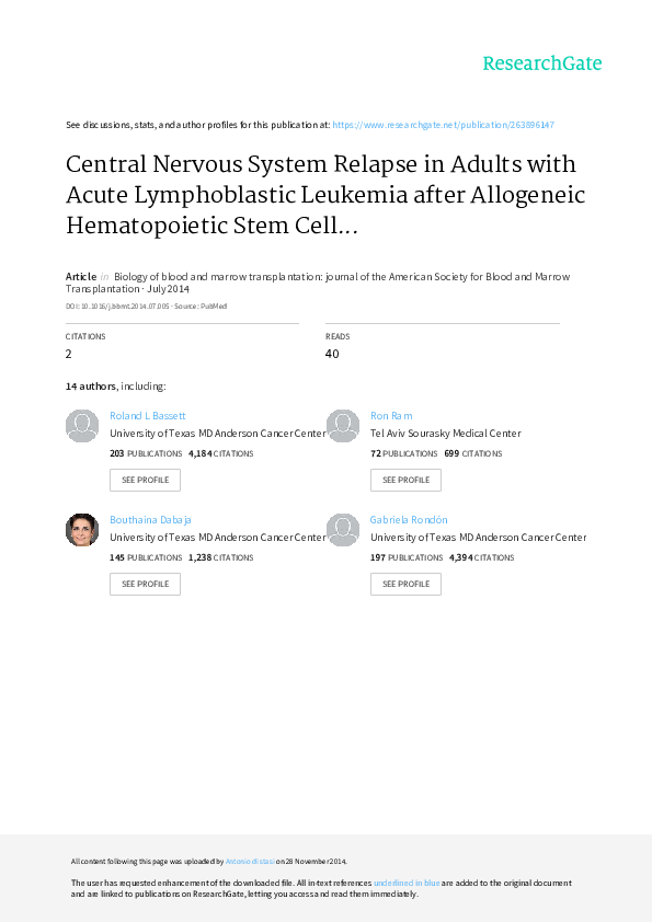 (PDF) Central Nervous System Relapse of Leukemia after Allogeneic Hematopoietic Stem Cell ...