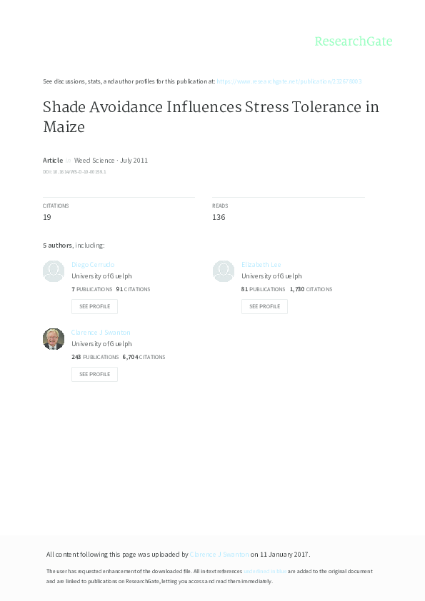 (PDF) Shade Avoidance Influences Stress Tolerance in Maize | Elizabeth ...