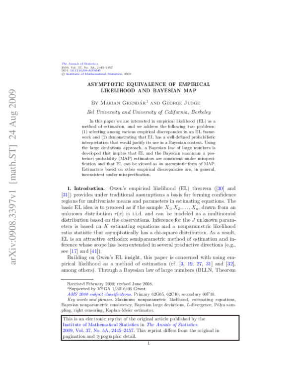 (PDF) Asymptotic equivalence of empirical likelihood and Bayesian MAP