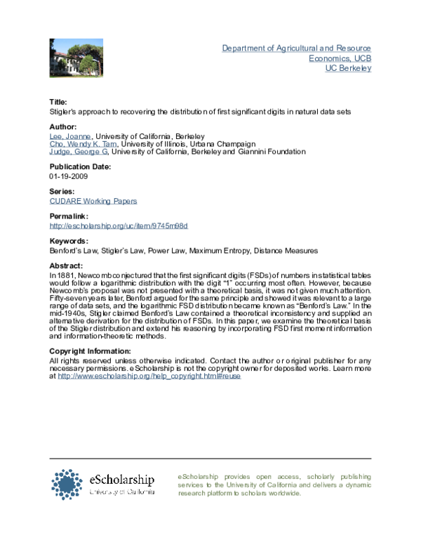 (PDF) Stigler’s approach to recovering the distribution of first significant digits in natural ...