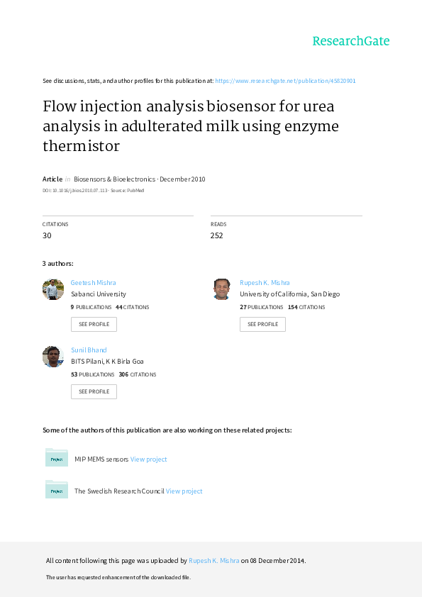 Pdf Flow Injection Analysis Biosensor For Urea Analysis In Adulterated Milk Using Enzyme